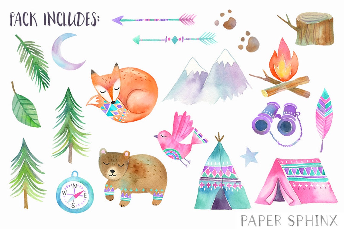 Watercolor Adventure Clipart Woodland Tribal Animals Clipart - Etsy ...
