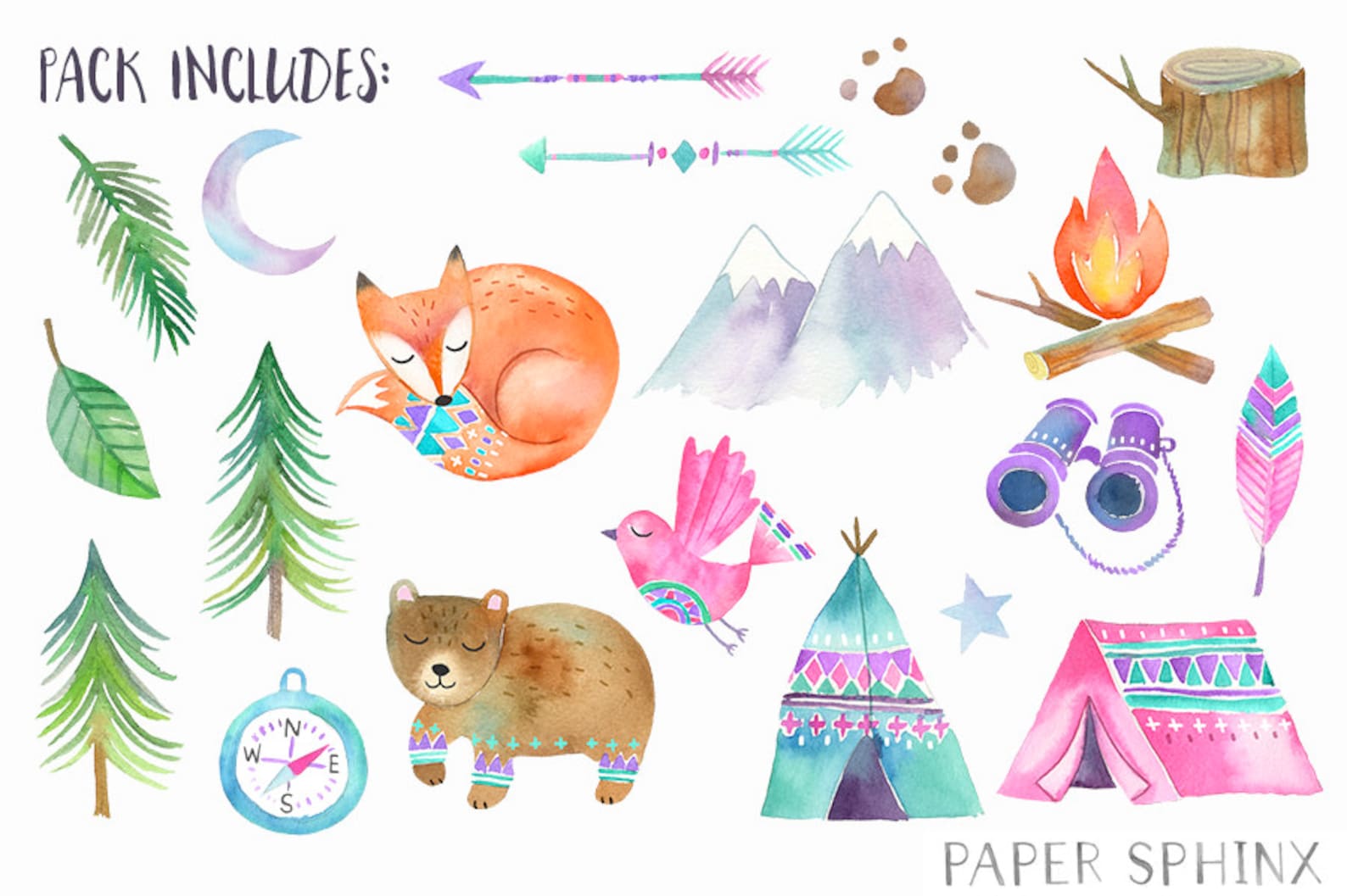 Watercolor Adventure Clipart Woodland Tribal Animals Clipart - Etsy ...