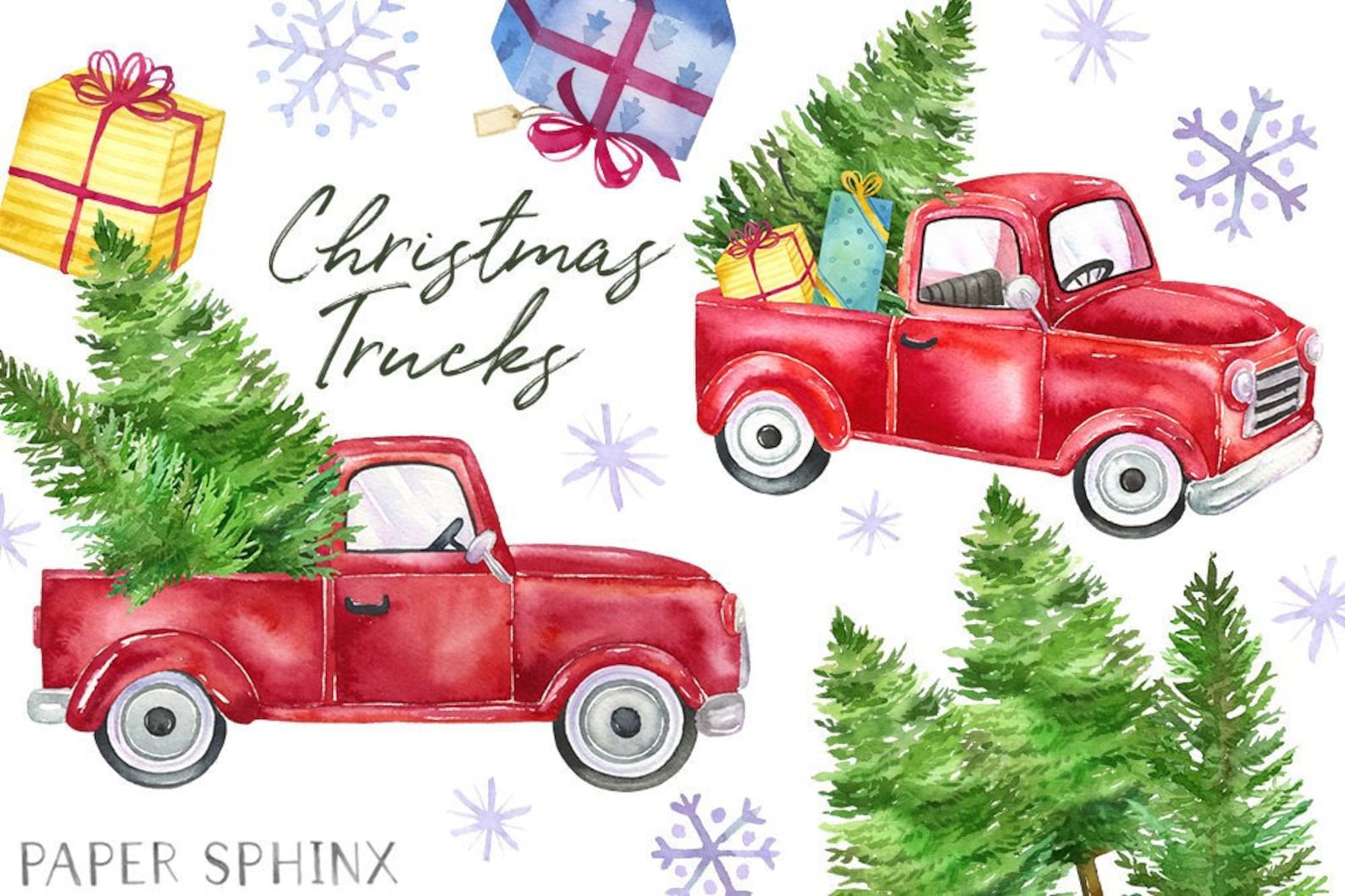 Watercolor Christmas Truck Clipart Red Vintage Holiday Truck - Etsy