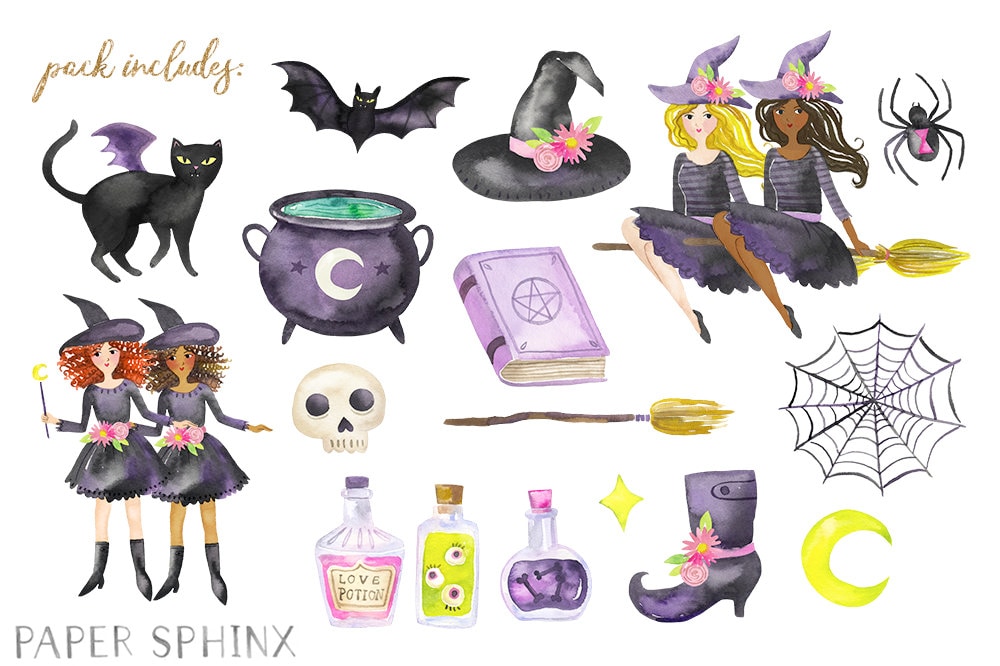 Watercolor Witch Clipart Halloween Witches With Cauldron | Etsy