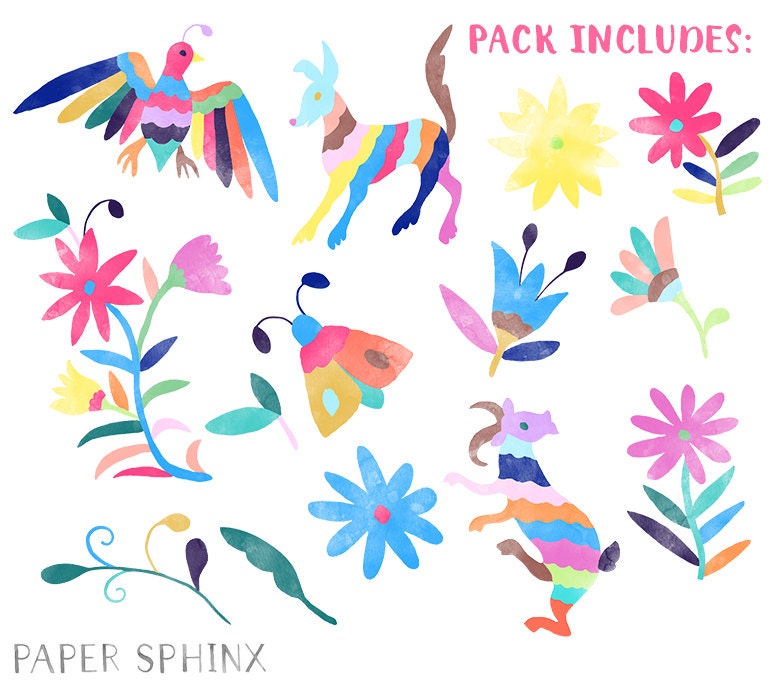 Otomi Clipart Floral Mexican Clipart Animals Watercolor - Etsy