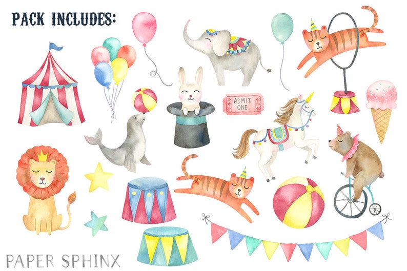 Watercolor Circus Clipart Baby Circus Animals Circus Tent - Etsy