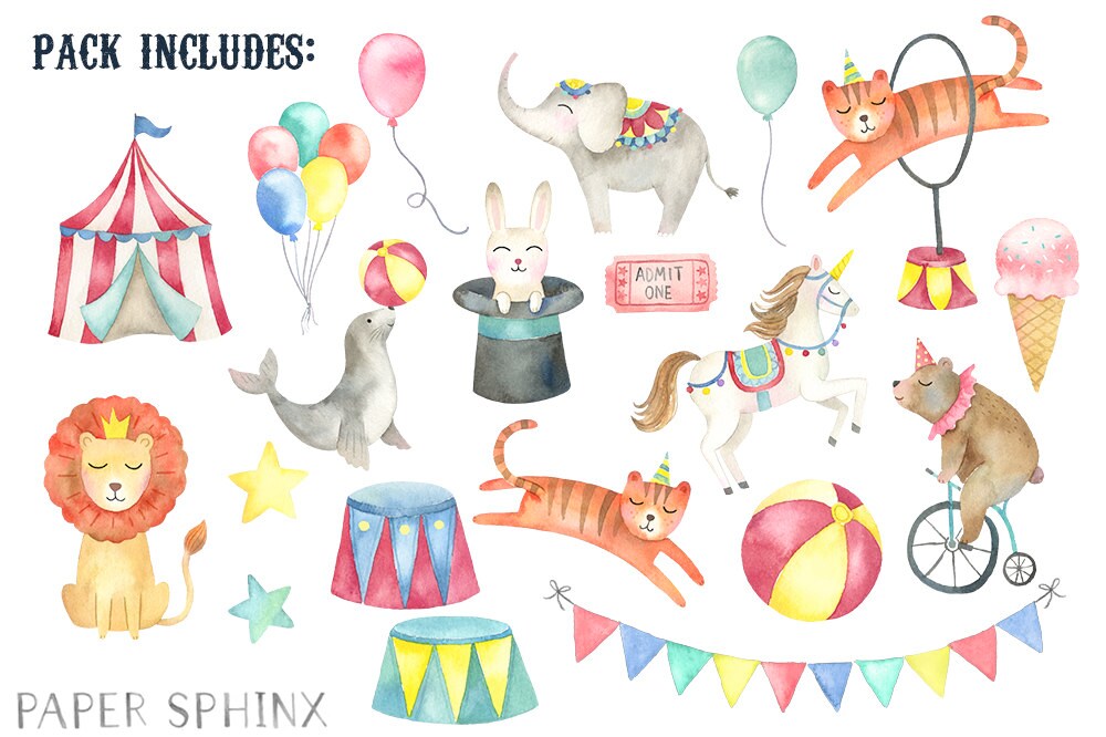 Watercolor Circus Clipart | Baby Circus Animals - Circus Tent, Elephant ...