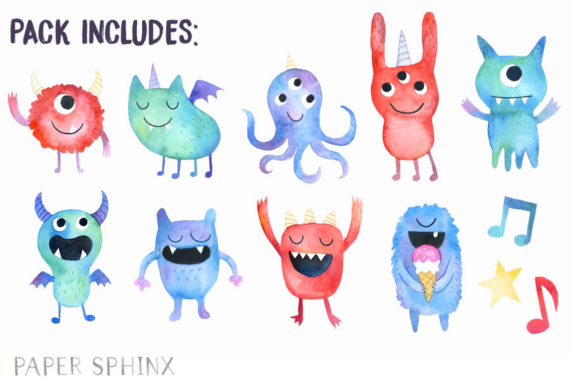 Monsters Clipart Watercolor Monster Birthday Party Baby - Etsy