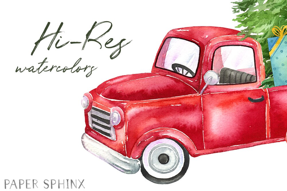 Watercolor Christmas Truck Clipart | Red Vintage Holiday Truck - With ...