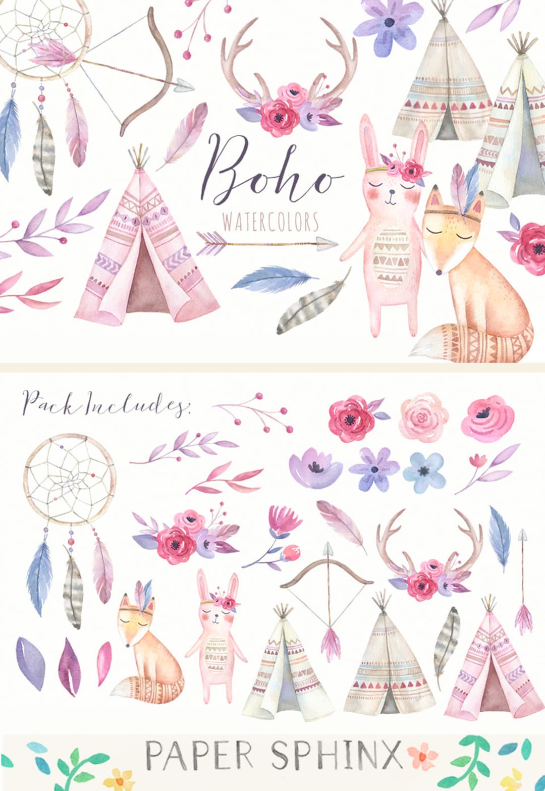 Watercolor Boho Clipart | Tribal Nursery Clipart - Boho Baby Shower ...