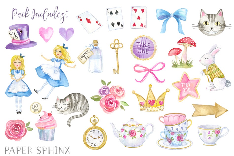 Alice in Wonderland Clipart Watercolor Alice in Wonderland | Etsy UK