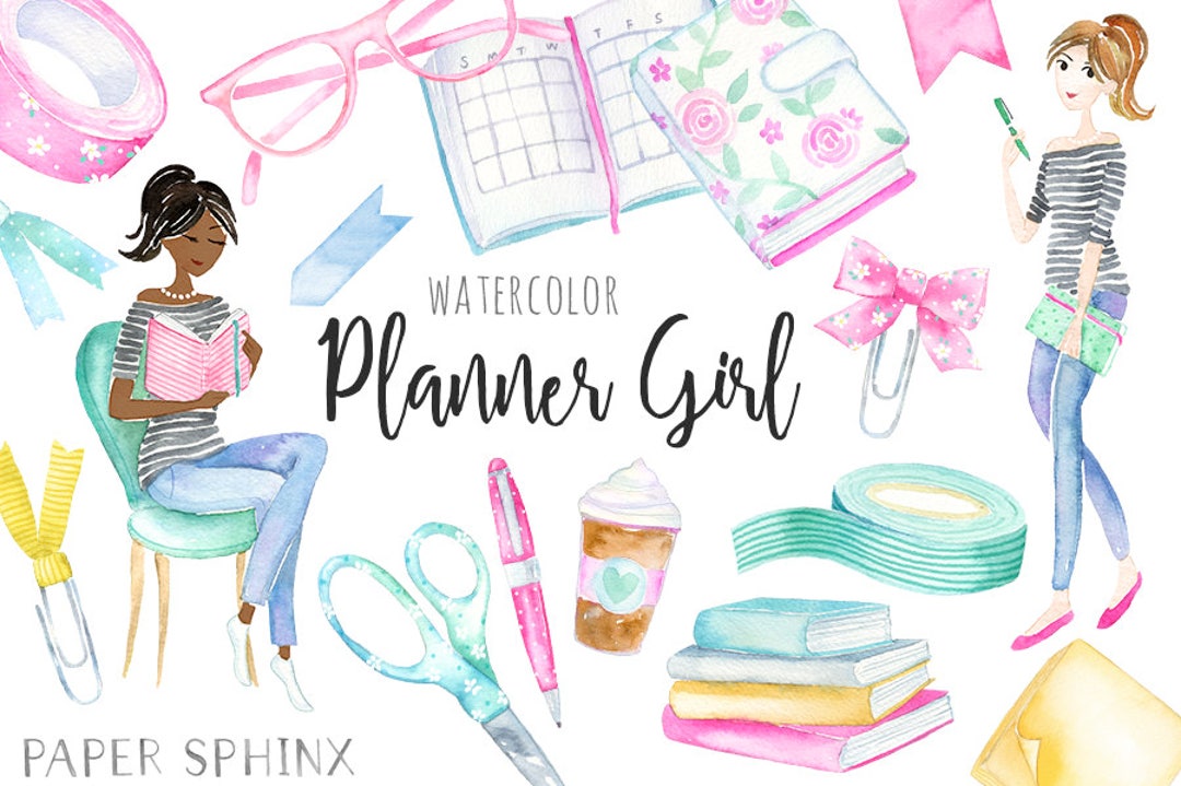 Watercolor Planner Girl Clipart | Fashion Girl Illustration - Pink and ...