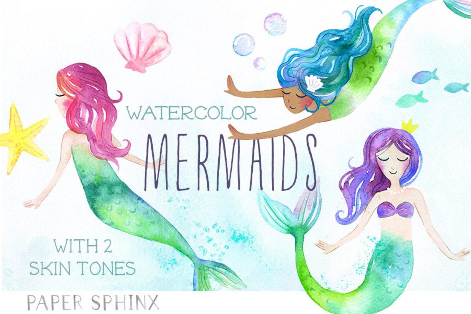 Watercolor Mermaid Clipart Summer Mermaids Ocean Fish - Etsy