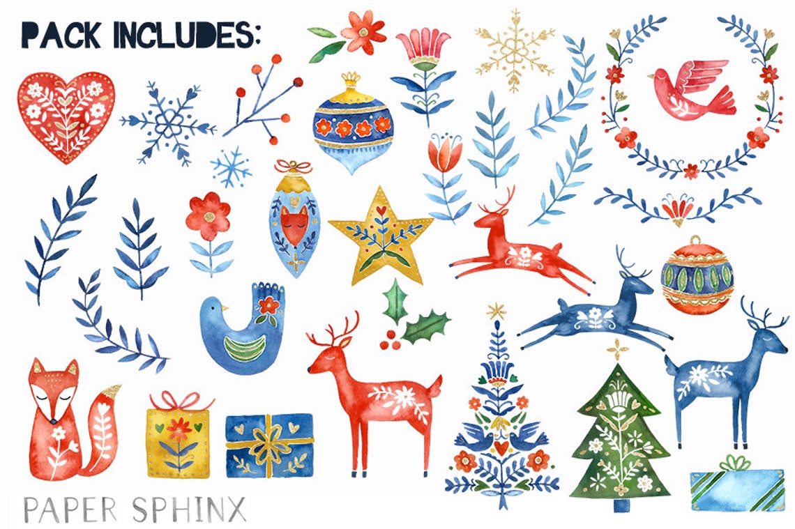 Watercolor Folk Christmas Clipart Holiday Clipart - Etsy