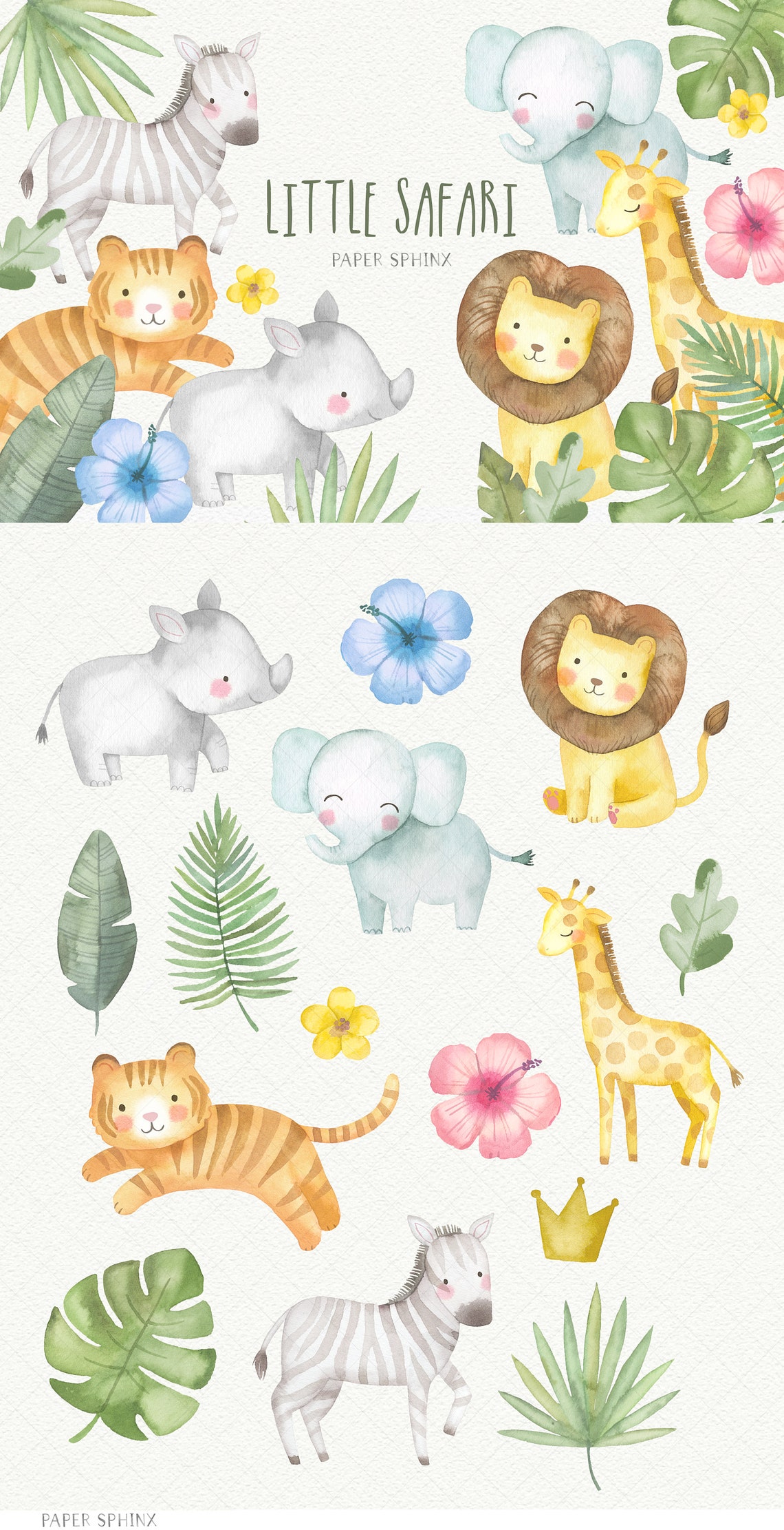 Watercolor Safari Clipart - Baby Safari Animals, Lion, Tiger, Giraffe ...