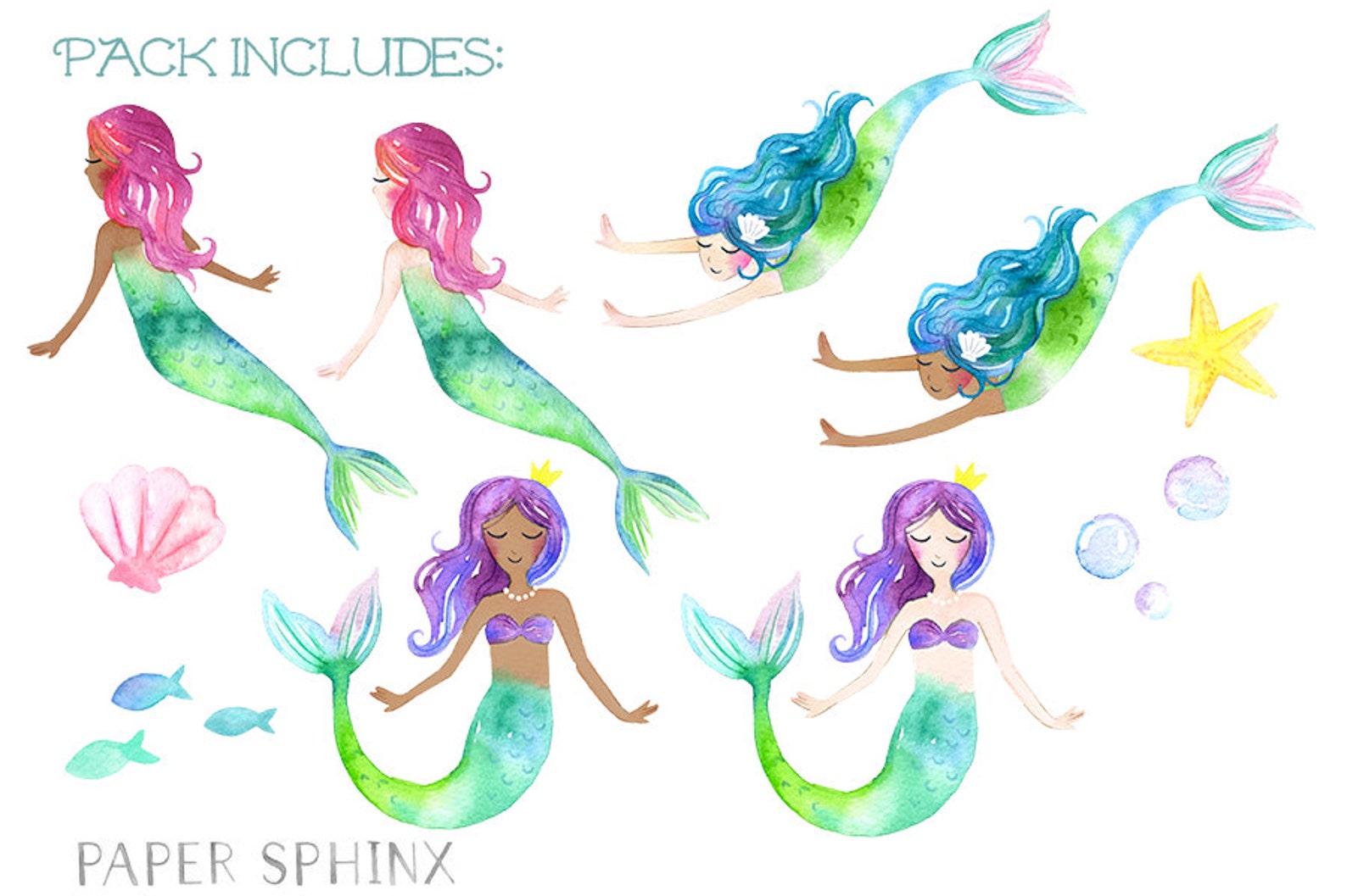 Watercolor Mermaid Clipart | Summer Mermaids - Ocean Fish, Bubbles and ...