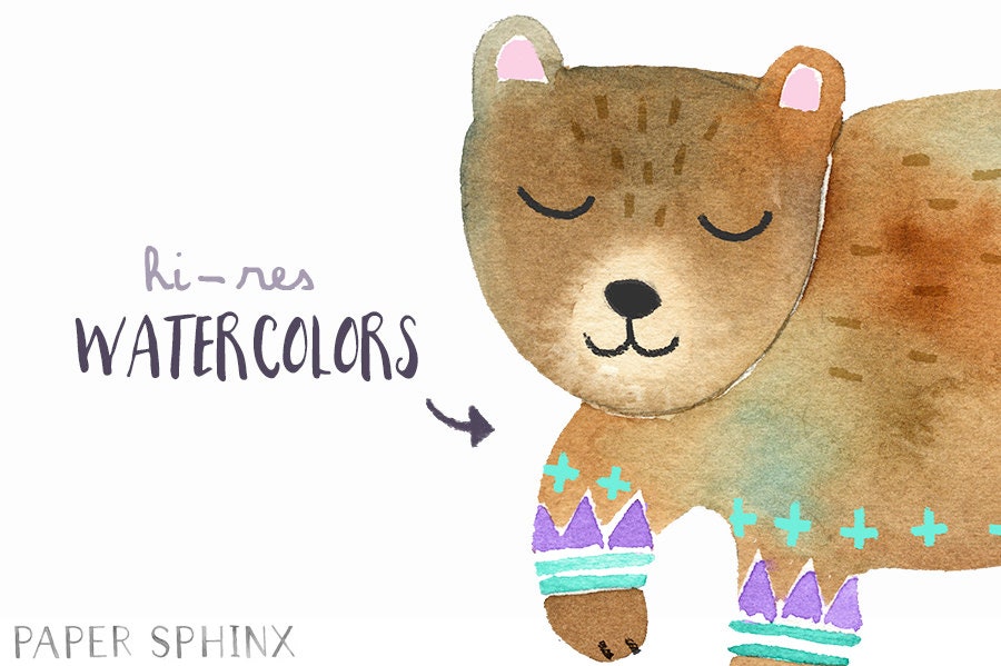 Watercolor Adventure Clipart Woodland Tribal Animals Clipart - Etsy