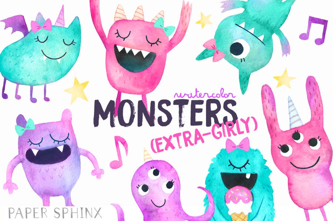 Watercolor Girly Monsters Clipart | Girl Monster Birthday Party - Cute ...