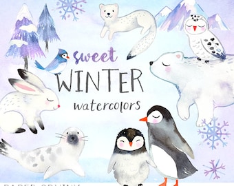 Watercolor Penguins Clipart Winter Clipart Holiday | Etsy