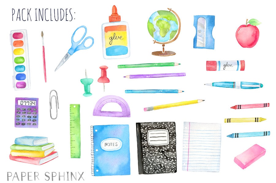 Watercolor Back to School Clipart | School Supplies Clipart - Crayons ...