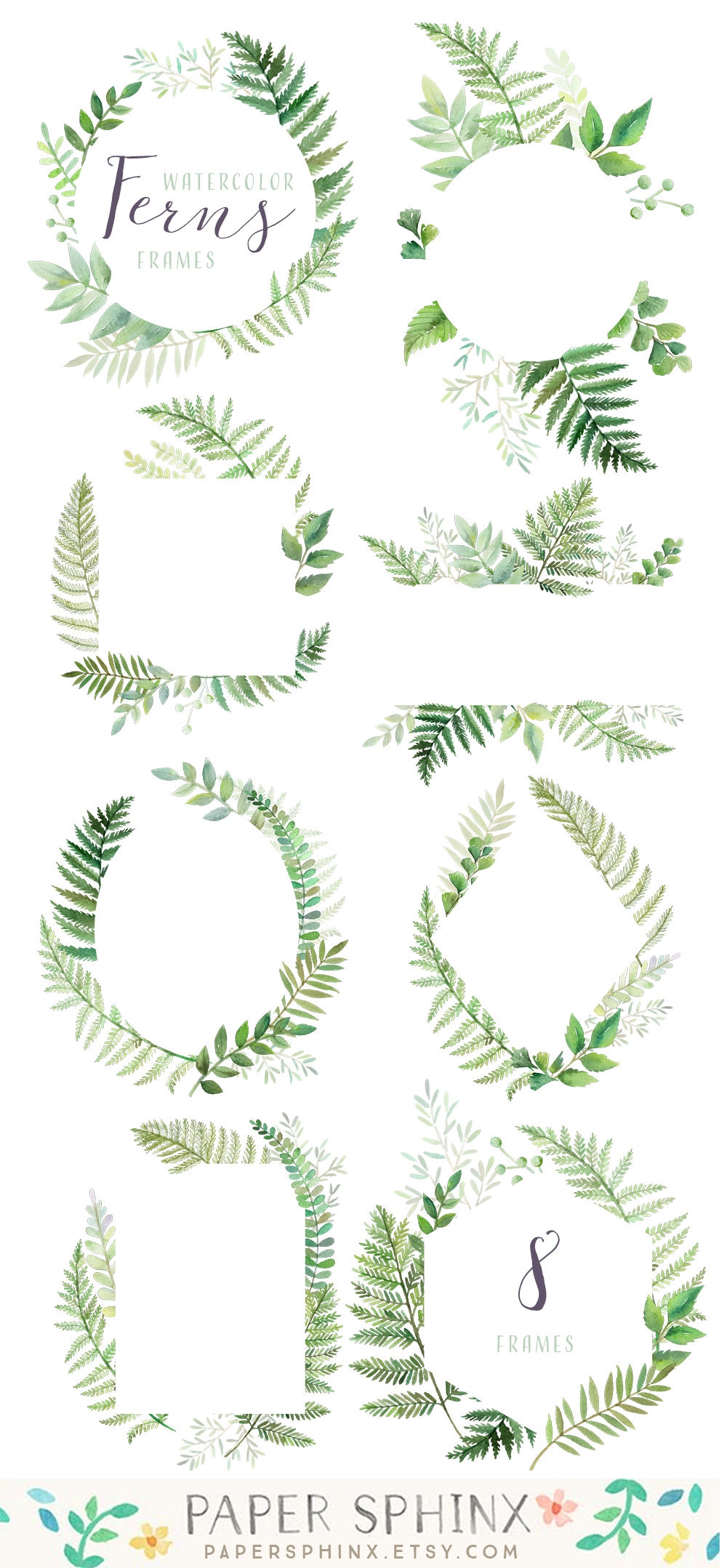 Watercolor Fern Frames Clipart Greenery Leaves Geometric - Etsy
