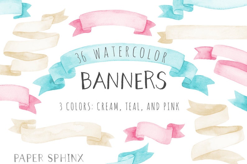 Watercolor Banners Clipart Ribbon Graphics Party Banners | Etsy