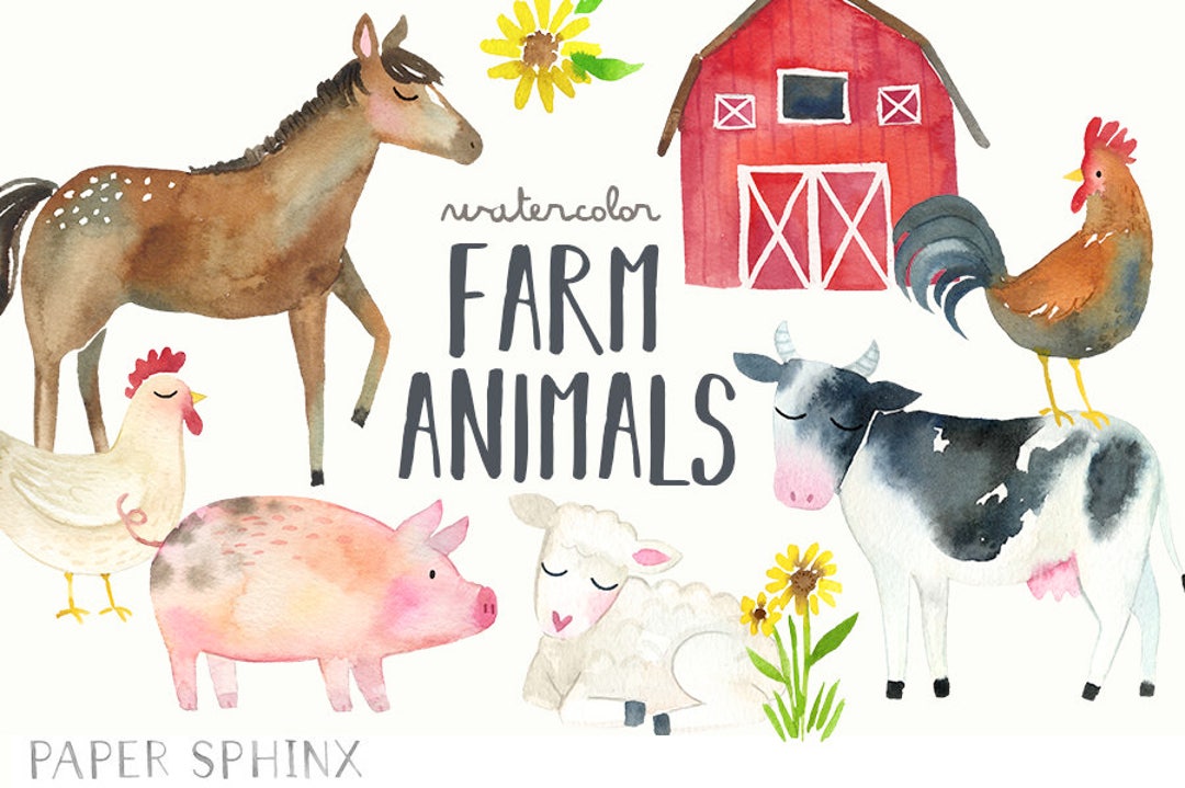 Watercolor Farm Animals Clipart | Farm Clip Art - Cow, Horse, Duck ...