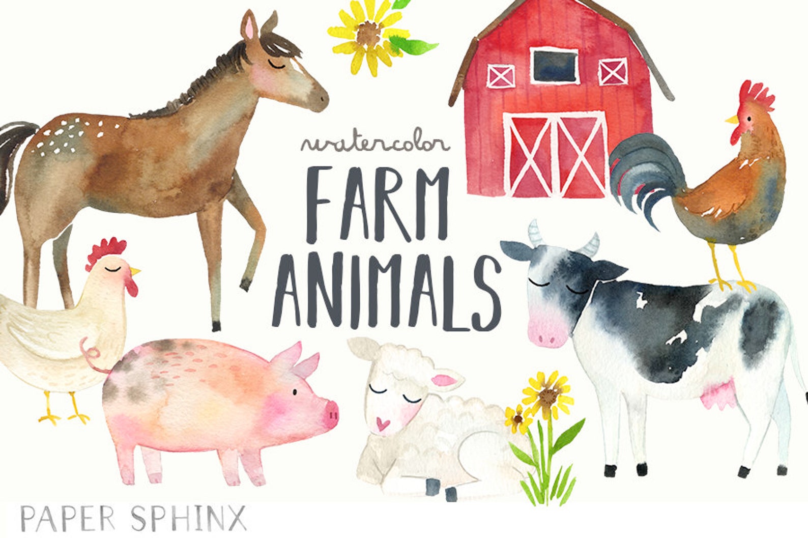 Watercolor Farm Animals Clipart Farm Clip Art Cow Horse | Etsy