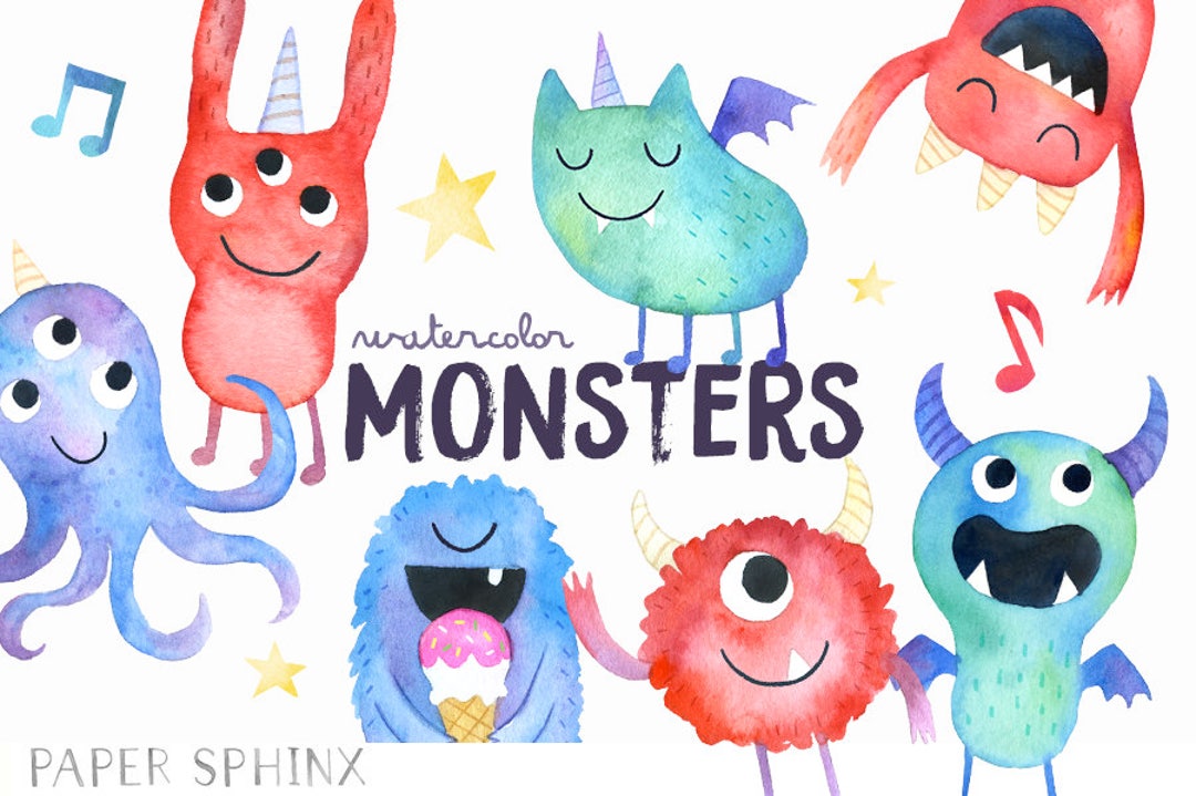 Monsters Clipart | Watercolor Monster Birthday Party - Baby Monsters ...
