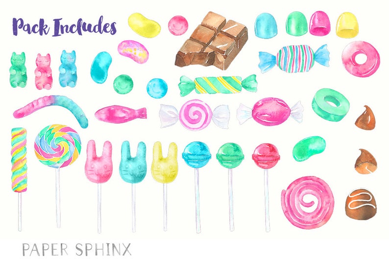 Watercolor Candy Clipart | Rainbow Sweets Clip Art - Chocolates, Gummy ...