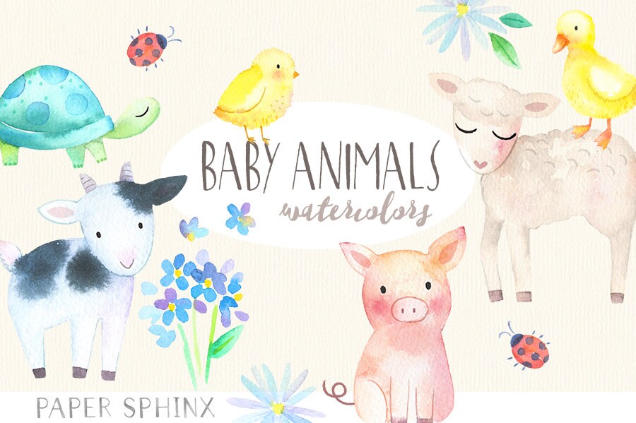 Baby Animals Watercolor Clipart Springtime Farm Animals - Etsy