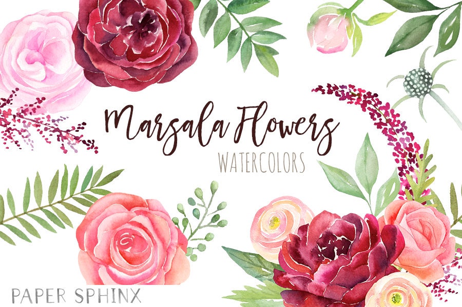 Watercolor Burgundy Flowers Clipart Fall Wedding Flowers | Etsy Canada
