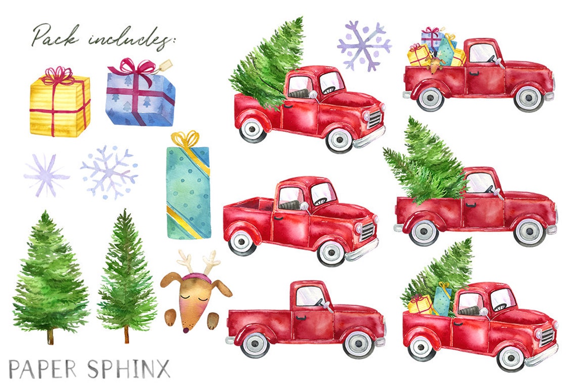 Watercolor Christmas Truck Clipart Red Vintage Holiday Truck - Etsy
