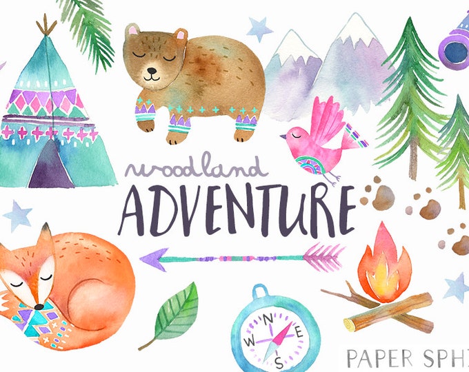 Watercolor Adventure Clipart Woodland Tribal Animals Clipart - Etsy