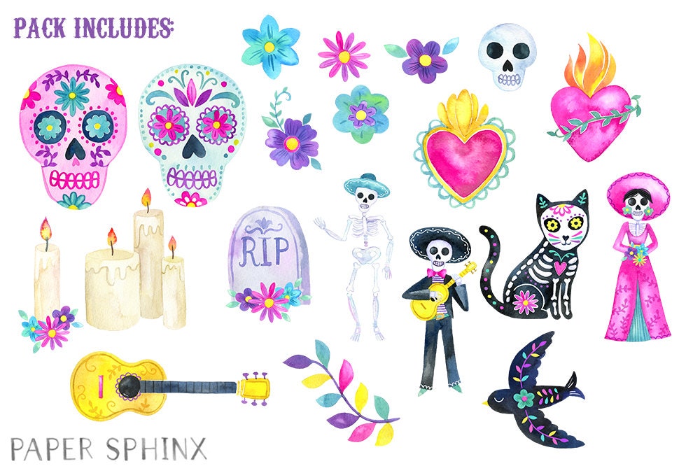 Dia De Los Muertos Clipart | Watercolor Day of the Dead - Mexican ...