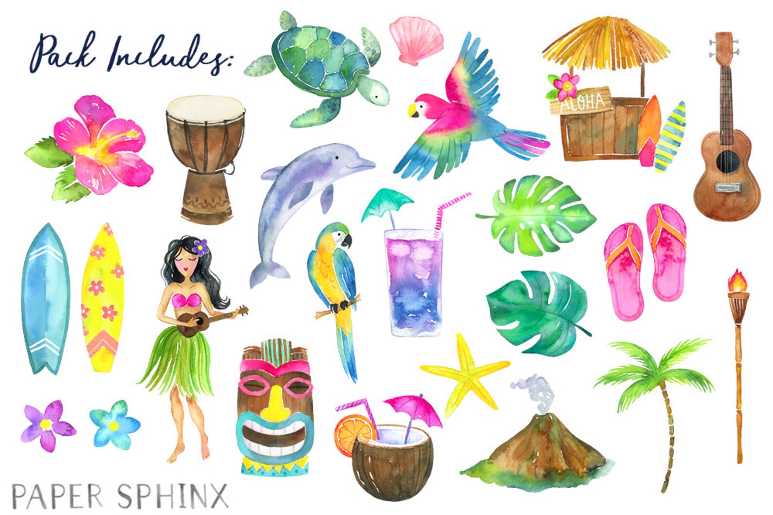 Watercolor Hawaii Clipart - Tropical Island - Summer Clipart - Luau ...