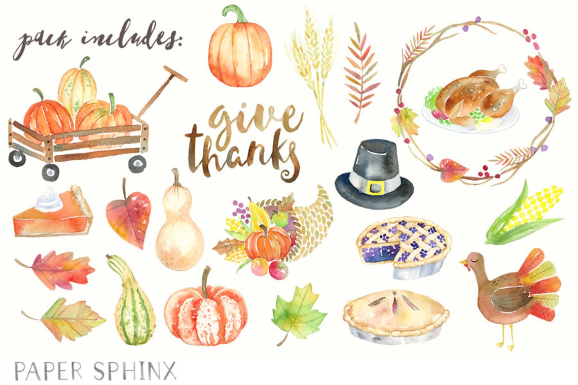 Watercolor Thanksgiving Clipart Autumn Cornucopia Turkey - Etsy