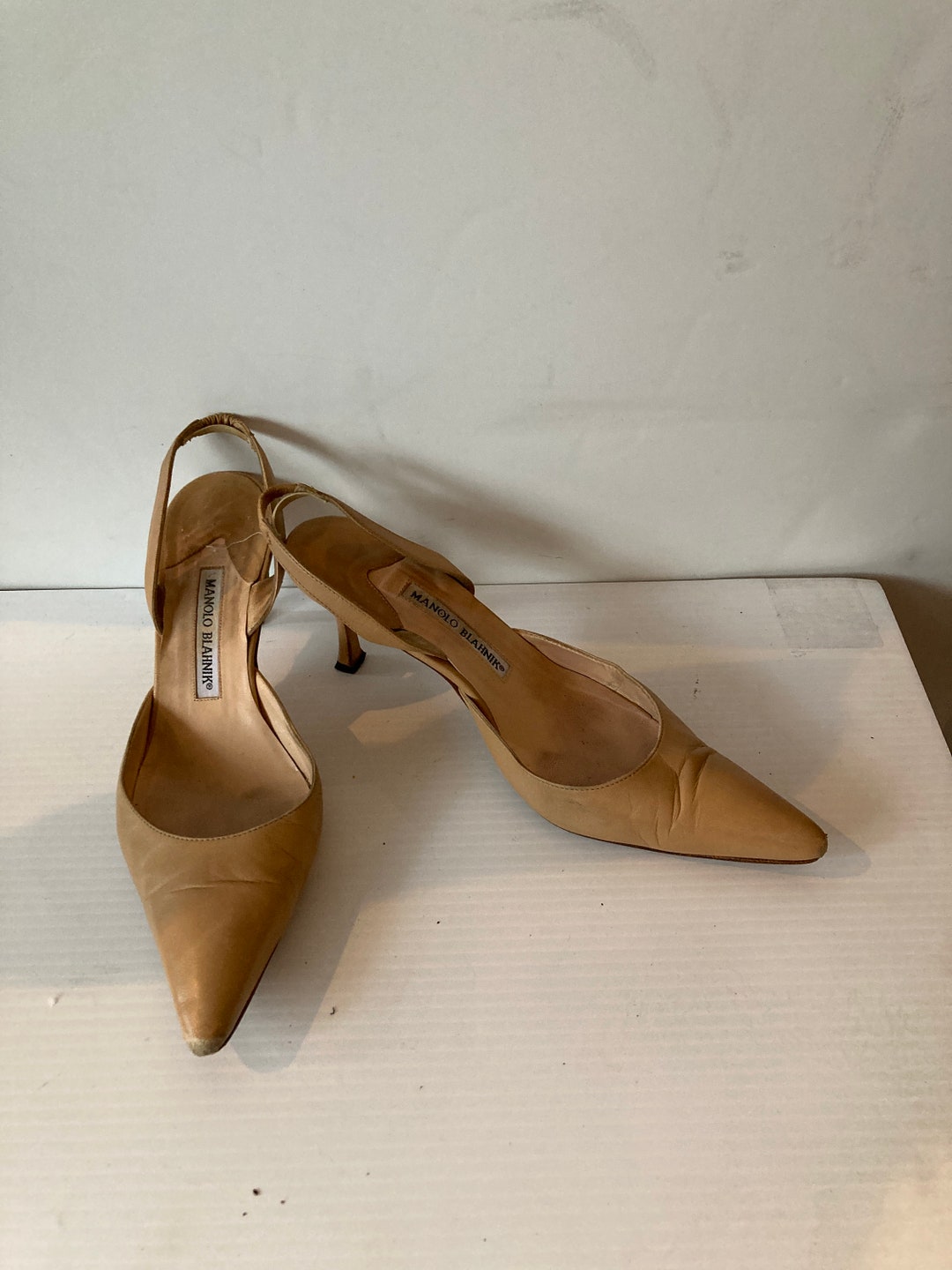 Manolo Blahnik Tan Color Leather Shoes High Heel Sling Back - Etsy