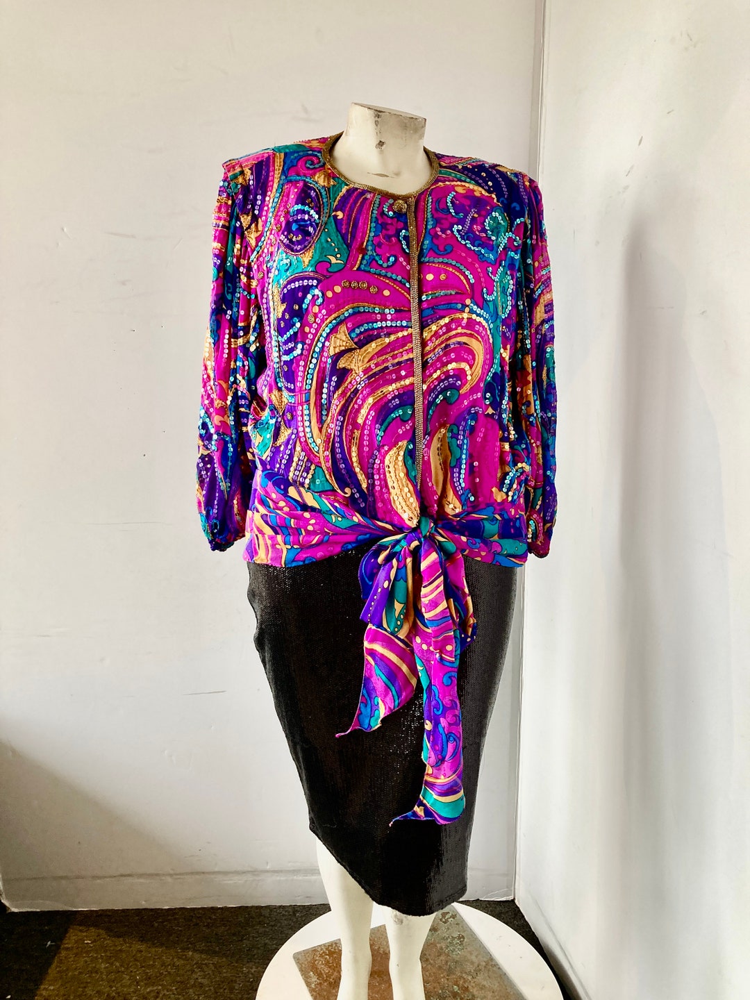 Judith Ann Plus Vintage Blouse- 80s Silk Sequin and Beaded Multicolor ...