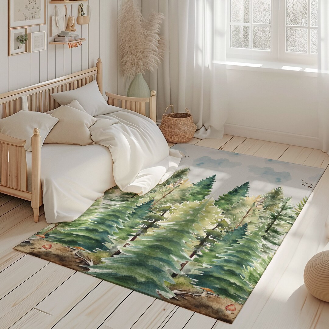 Forest Pine Trees Rug for Nursery Room, Baby Room Area Rug, Modern ...