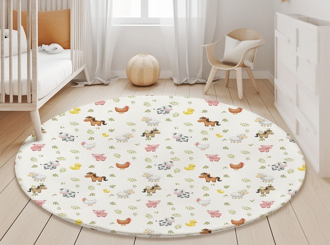 Round Farm Animals Area Rug: Plush Nursery Carpet, Woodland Theme - Etsy