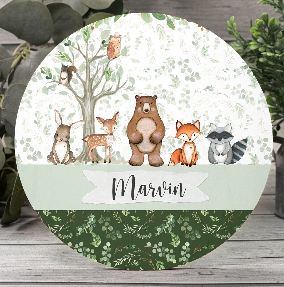 Woodland Theme Nursery Wall Art, Wooden Name Sign, Animal Themed Round ...