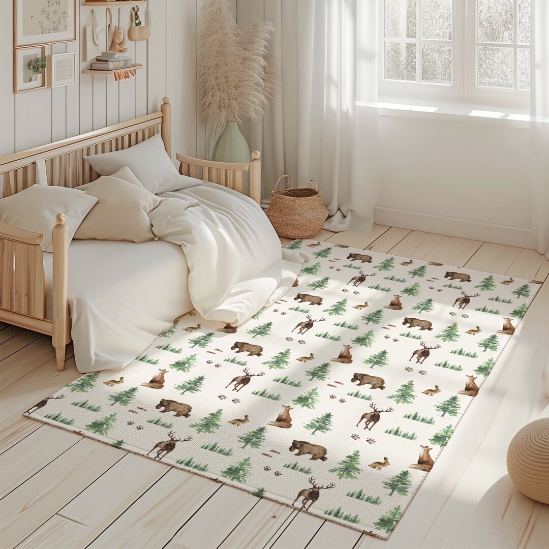 Forest Animals Rug for Nursery Room, Baby Room Area Rug, Modern Bedroom ...