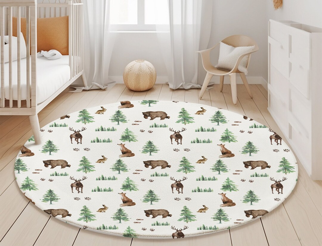 Round Animals Woodland Area Rug, Baby Room Rug, Bear, Fox, Deer, Buck ...