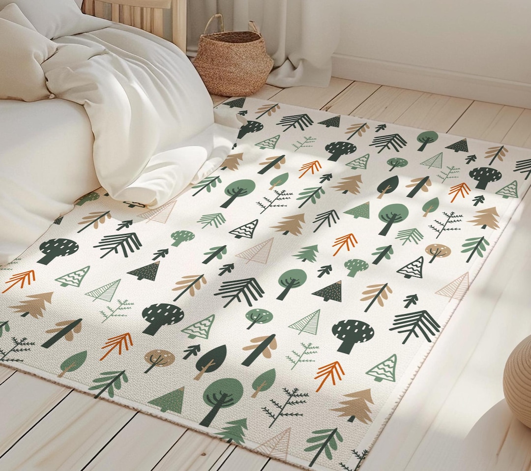 Pine Trees Woodland Area Rug, Watercolor Woodland Trees Rug, Nursery ...