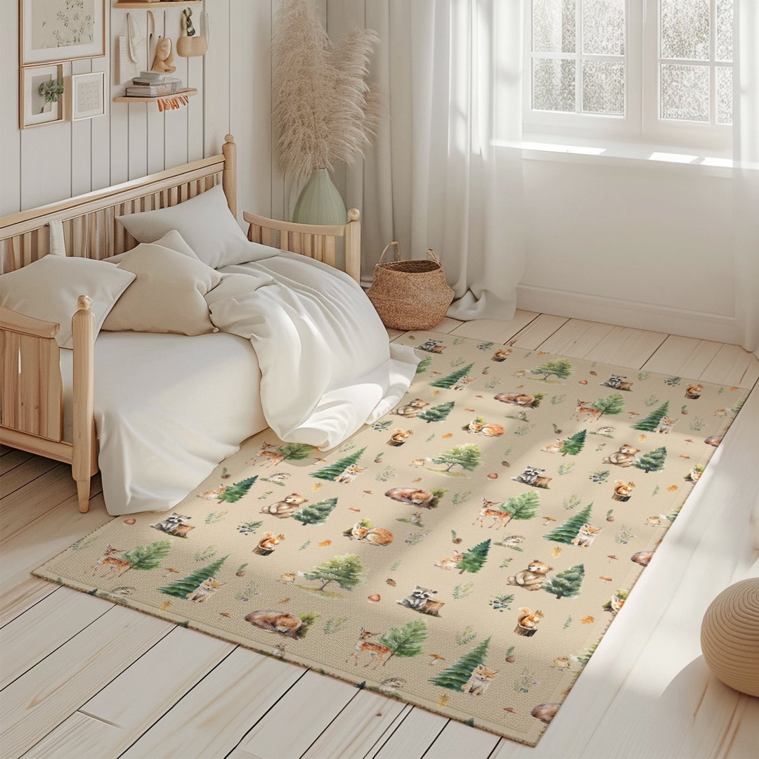 Woodland Animals in the Forest Area Rug, Baby Room Area Rug, Bedroom ...