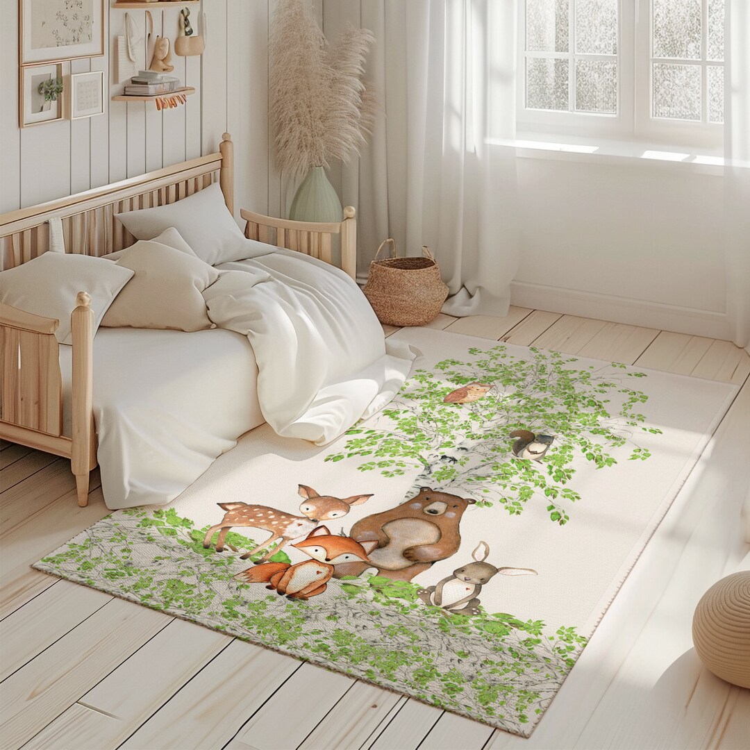 Brown Bear and Birch Tree Area Rug, Baby Room Area Rug, Modern Bedroom ...