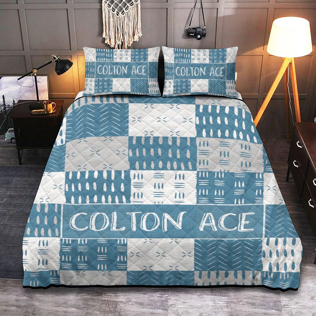 Blue Grey Patchwork Quilt: Modern Personalized Bed Cover - Etsy