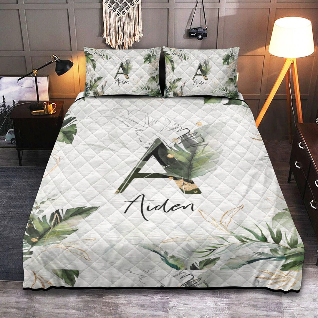 Tropical Leaves Personalized Bedspread, Green Monogrammed Bedding Set ...