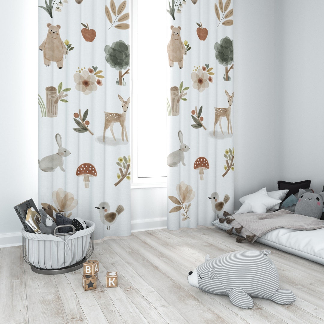 Modern Woodland Nursery Curtains, Baby Room Curtains, Bear, Fox, Deer ...