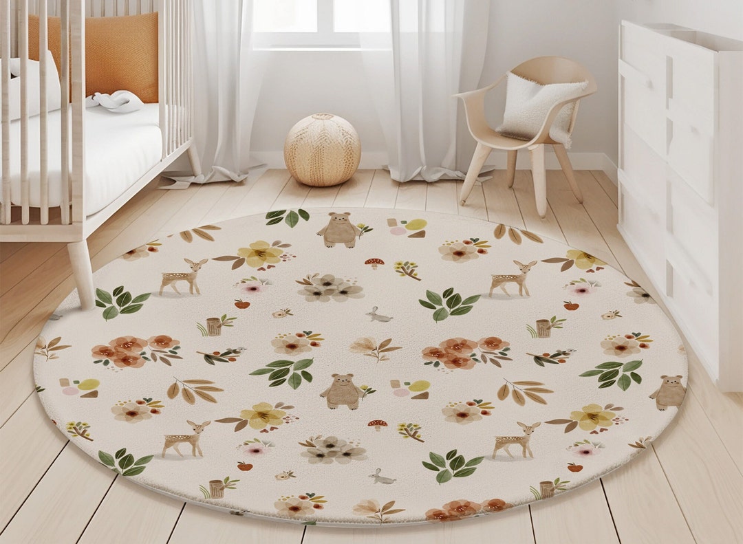 Round Animals Woodland Area Rug, Baby Room Rug, Bear, Deer Area Rug ...