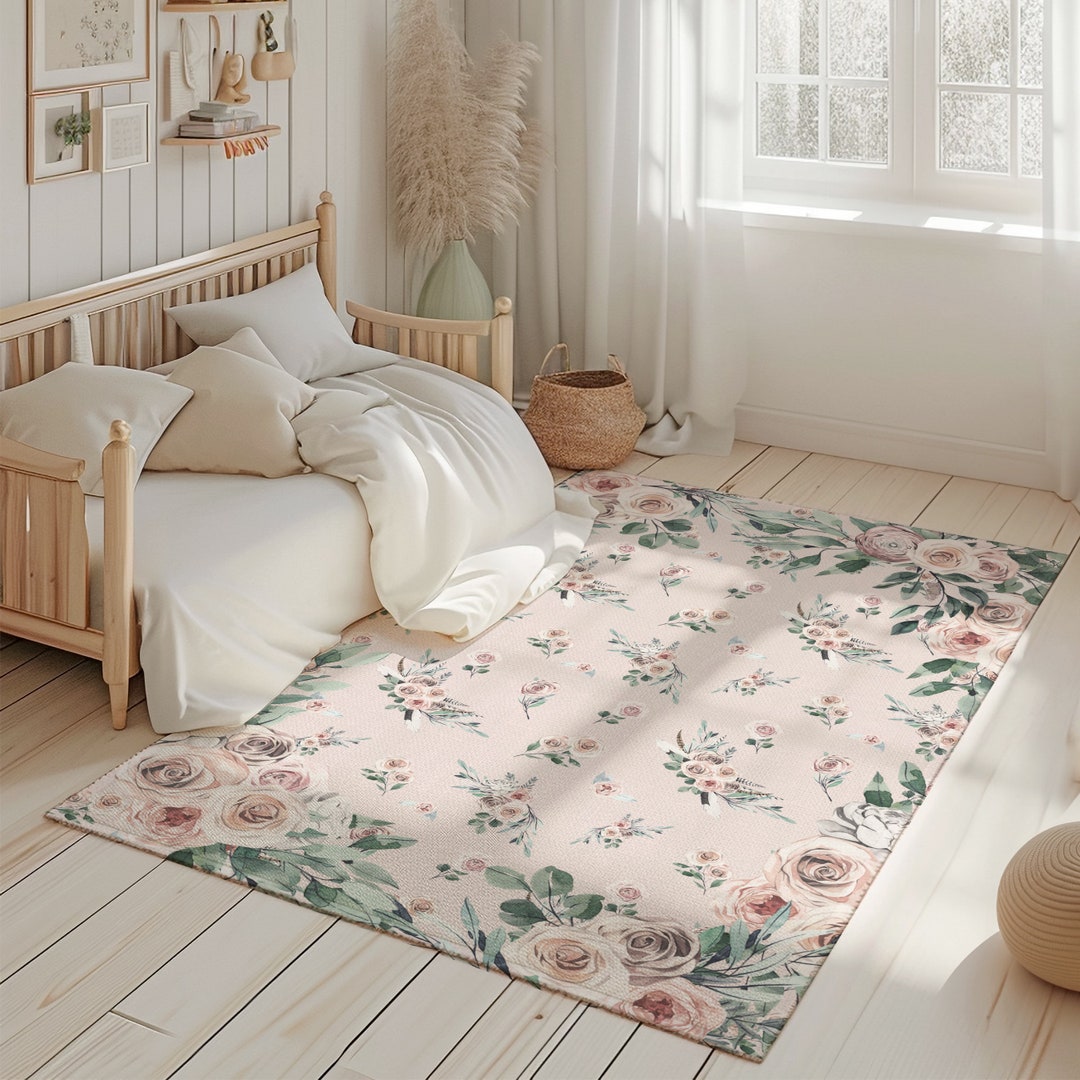 Grey Floral Rug for Nursery Room, Baby Room Area Rug, Modern Bedroom ...