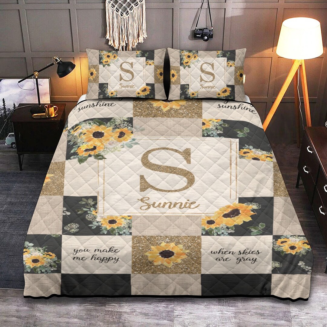 Sunflower Monogrammed Floral Quilt- Sunflower Bed Cover - Thanksgiving ...