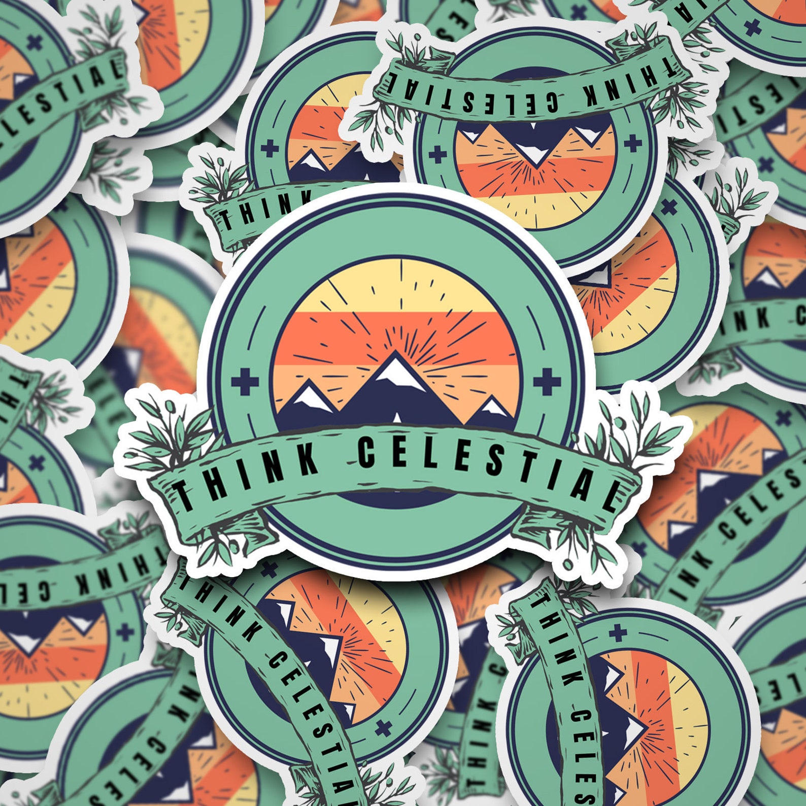 Think Celestial Retro Sun Mountain Sticker, Christian Sticker, Small ...